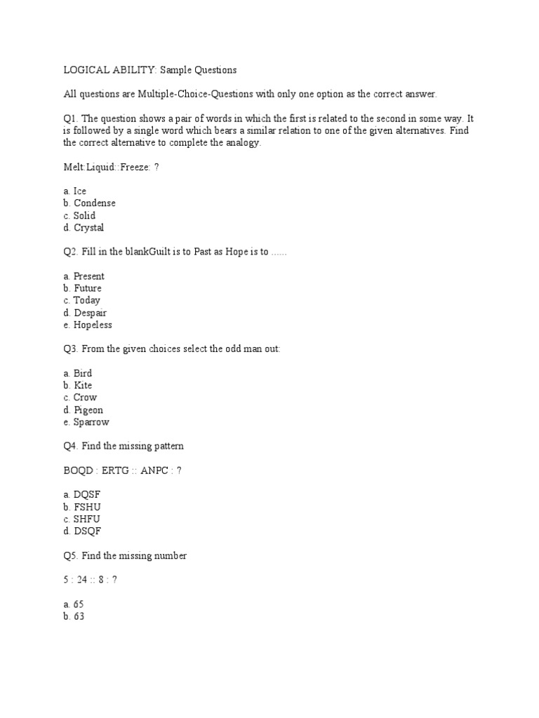 Logical Ability MCQs for Practice | PDF