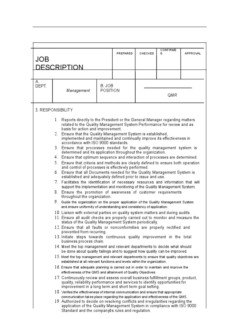 QMR Job Descriptiona | Quality Management System | Quality Management