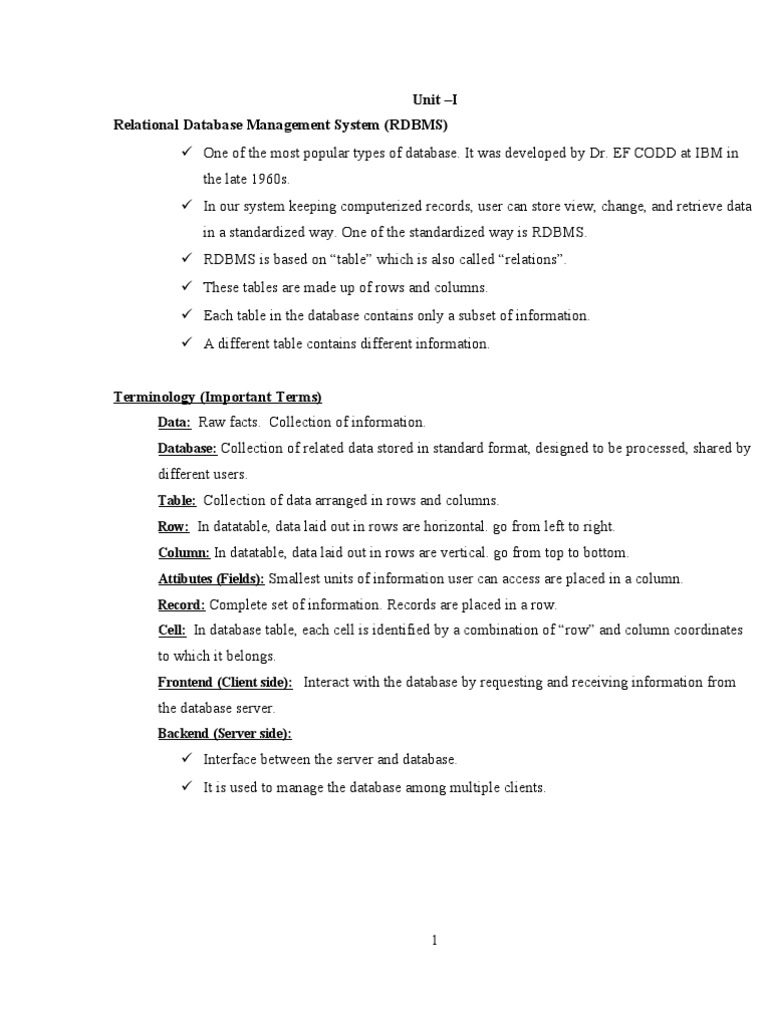 Unit - I Relational Database Management System (RDBMS) | PDF | Databases | Computer Data