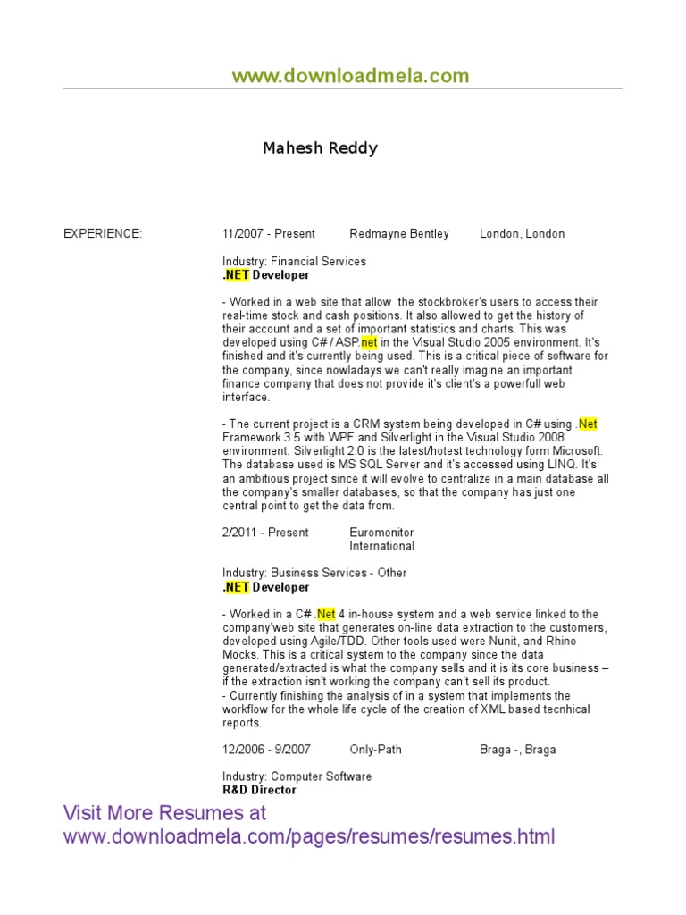 .NET Developer Resume Overview | PDF | Microsoft Visual Studio | C ...