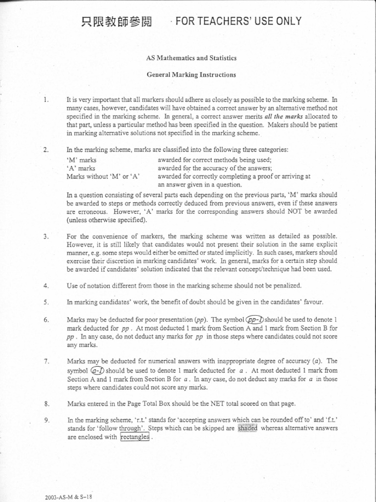 AL Maths & Stat.2003 - MarkingScheme | PDF