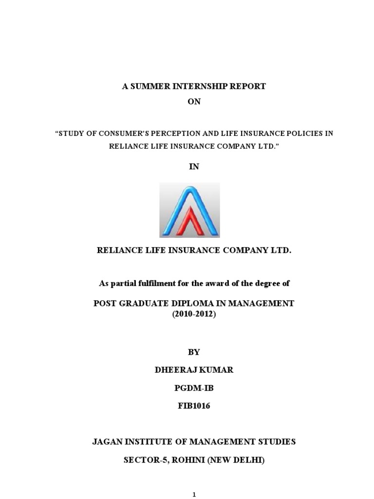 Study of Consumer'S Perception and Life Insurance Policies in Reliance ...