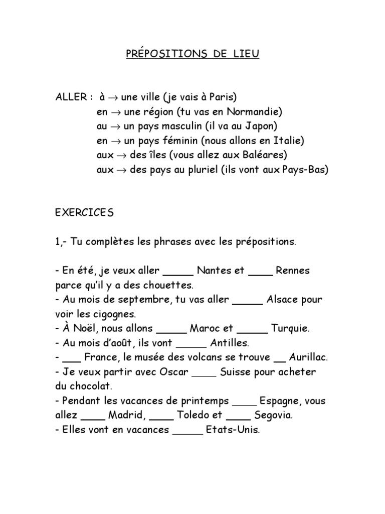 Exercices sur les prépositions de lieu | PDF