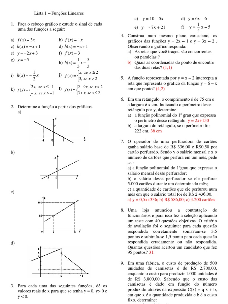 Lista 1 - Funções Lineares | Função (Matemática) | Densidade