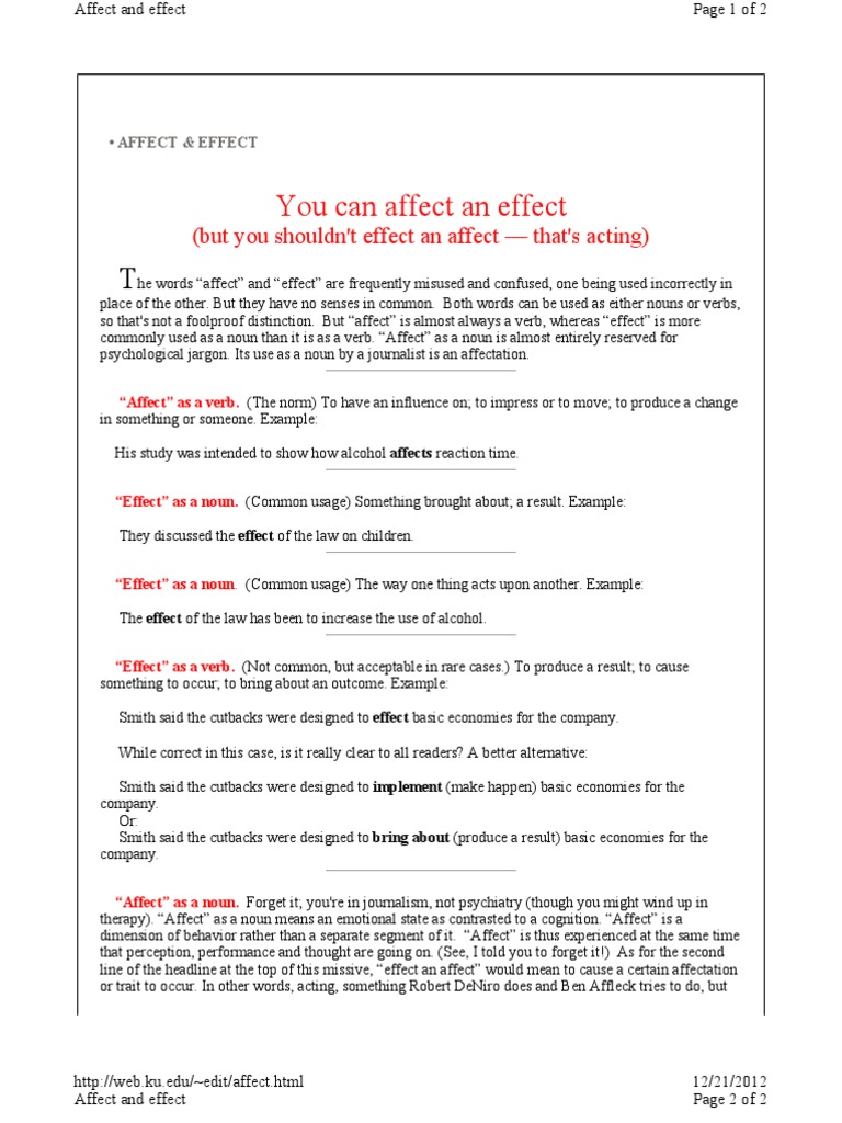 Affect vs Effect | PDF | Affect (Psychology) | Noun