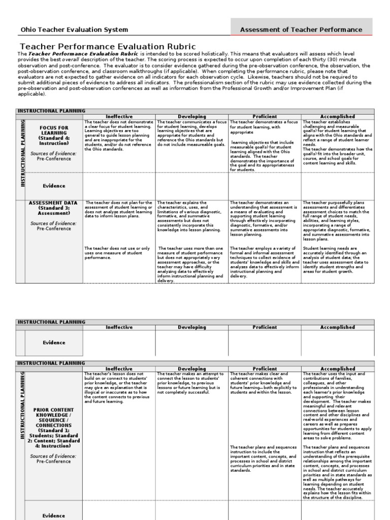 Ohio Teacher Evaluation System Rubric | PDF | Differentiated ...