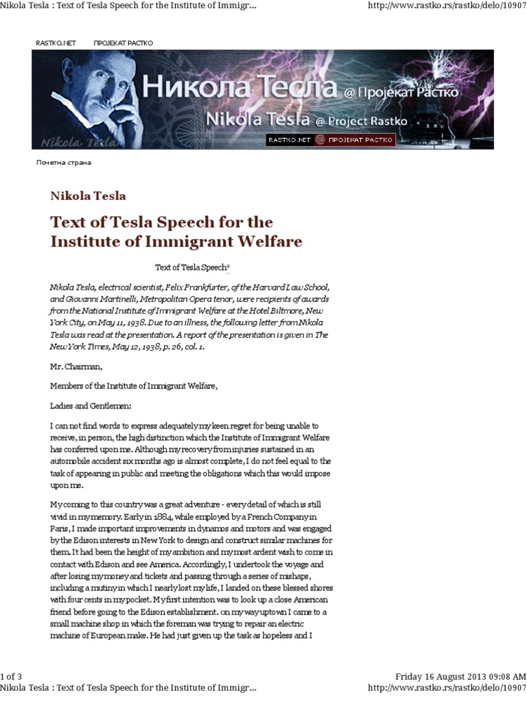 Tesla Speech - Aether Force | PDF | Nikola Tesla