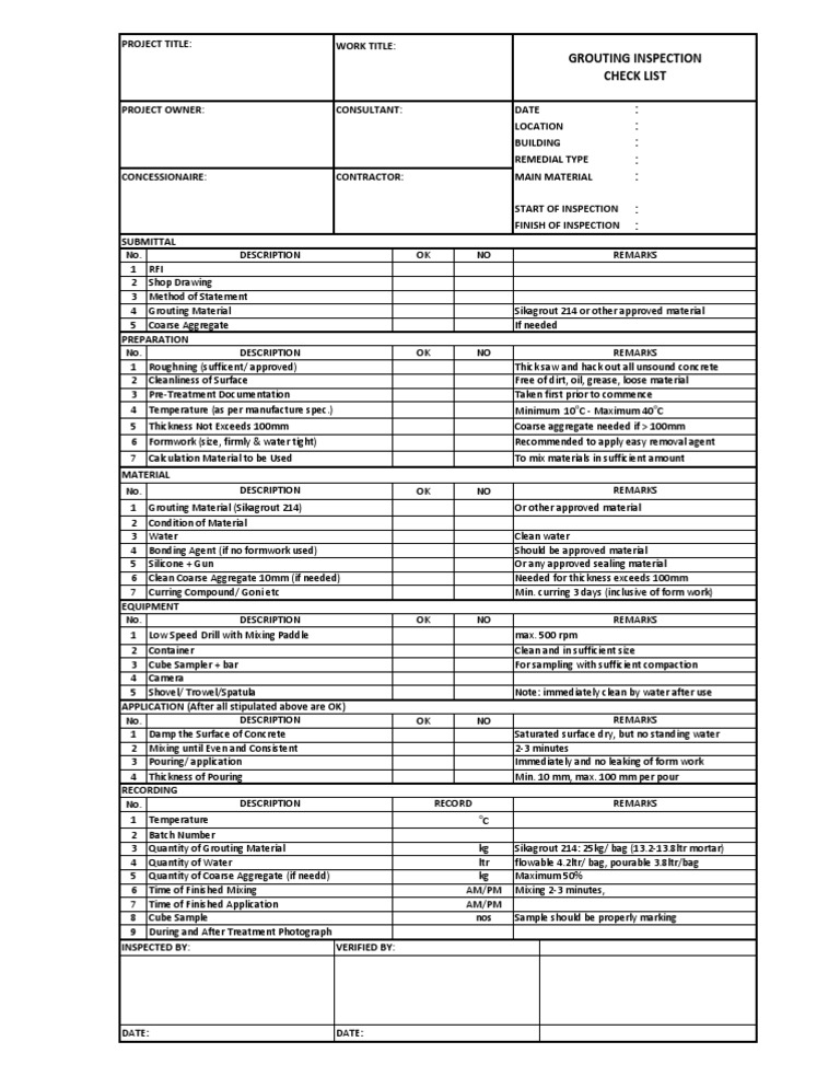 Repair Grouting Checklist | PDF