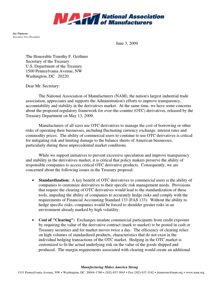 Nam Letter | PDF | Over The Counter (Finance) | Derivative (Finance)