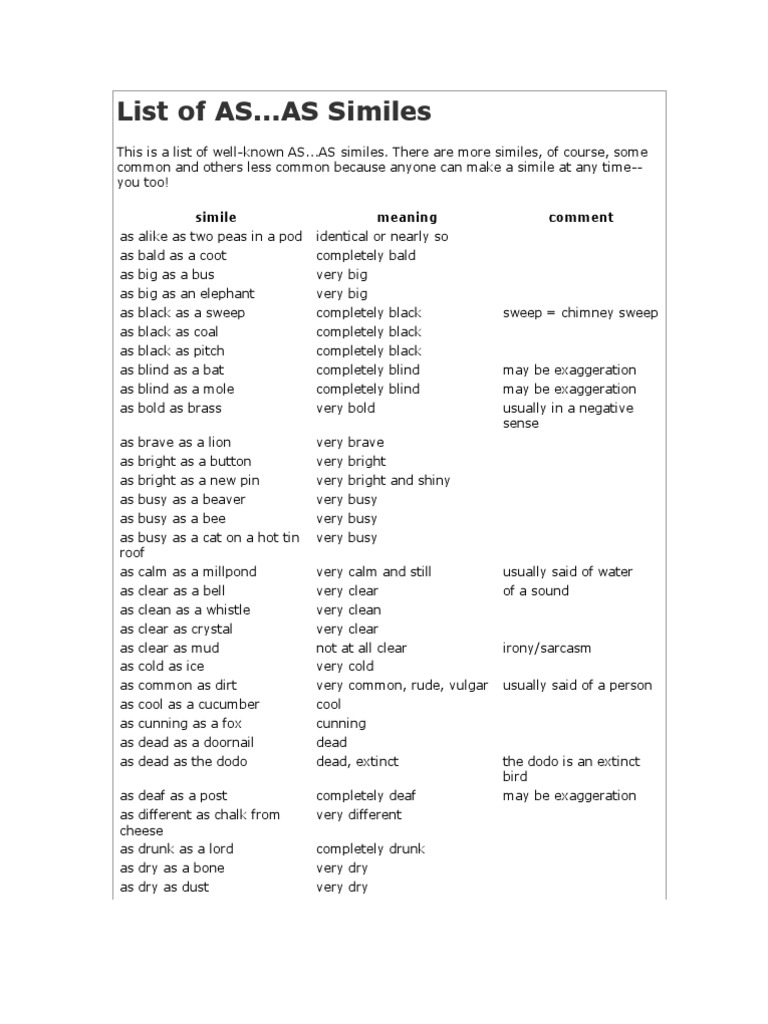 List of AS... AS Similes: Simile Meaning Comment | PDF | Nature
