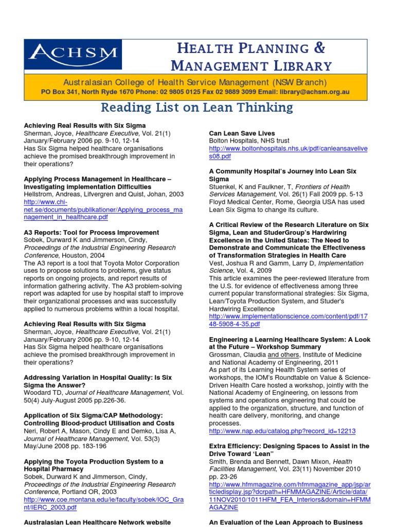 H P & M L: Reading List On Lean Thinking | PDF | Six Sigma | National ...
