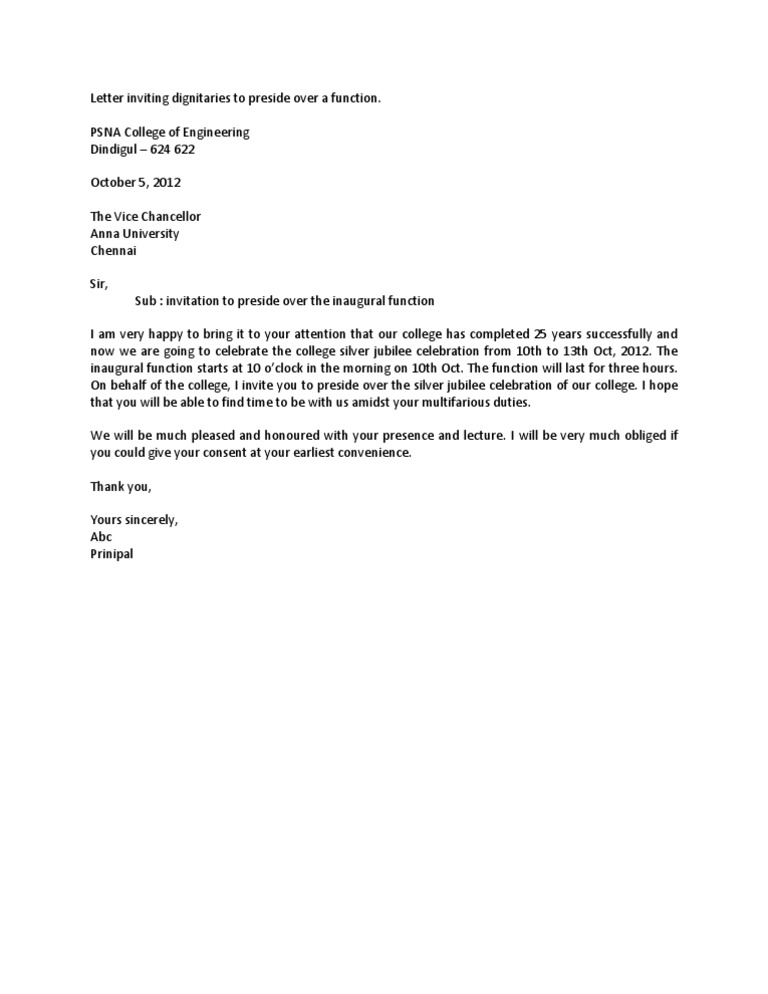 Letter - Letter Inviting Dignitaries To Preside Over A Function | PDF ...