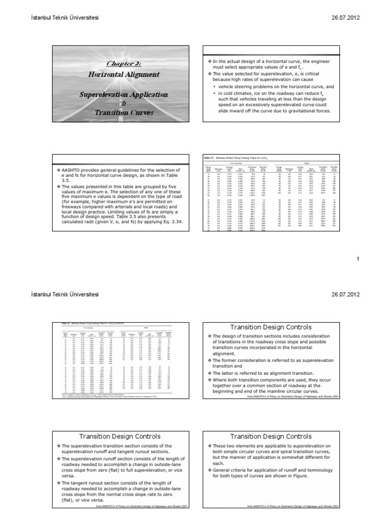 Superelevation and Transition Curves Guide | PDF | Curvature | Tangent