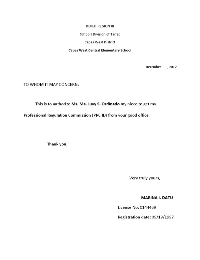 To Whom It May Concern:: Capas West Central Elementary School | PDF