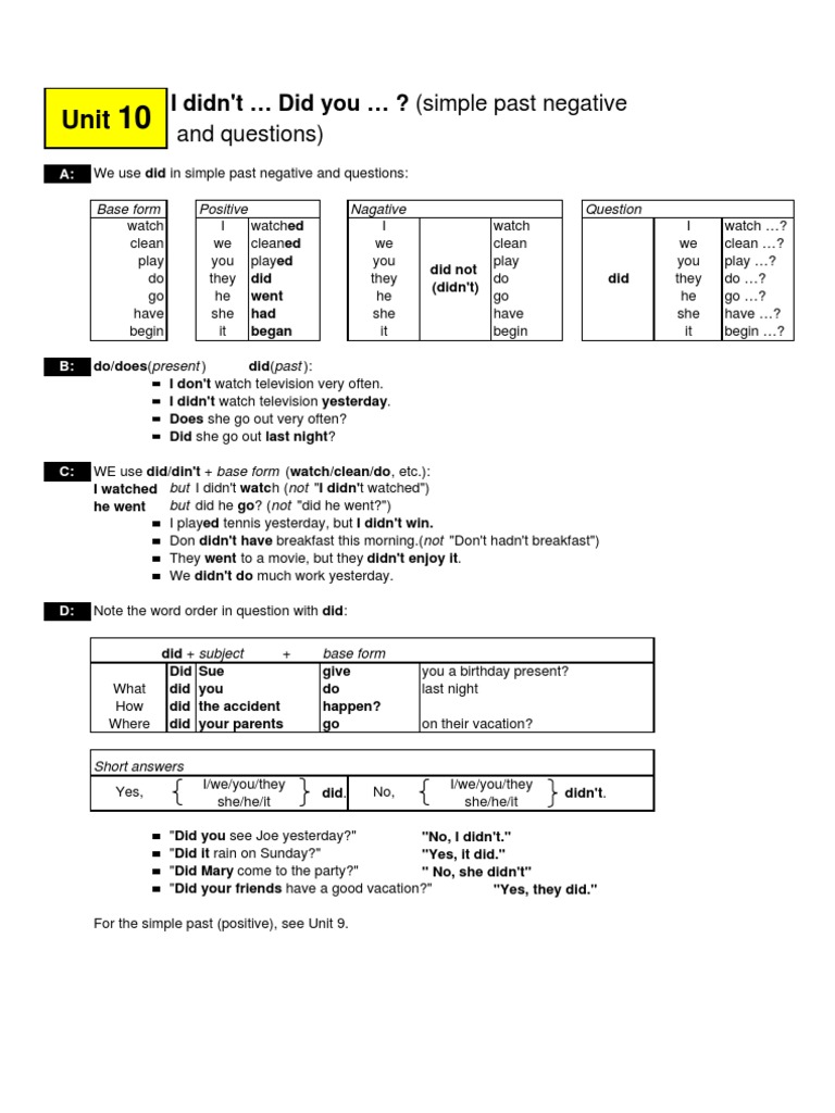 Past Simple Negative and Questions Guide | PDF | Leisure ...