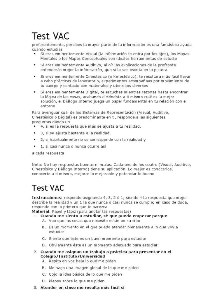 Test de Estilos de Aprendizaje VAC | PDF | Sicología | Science