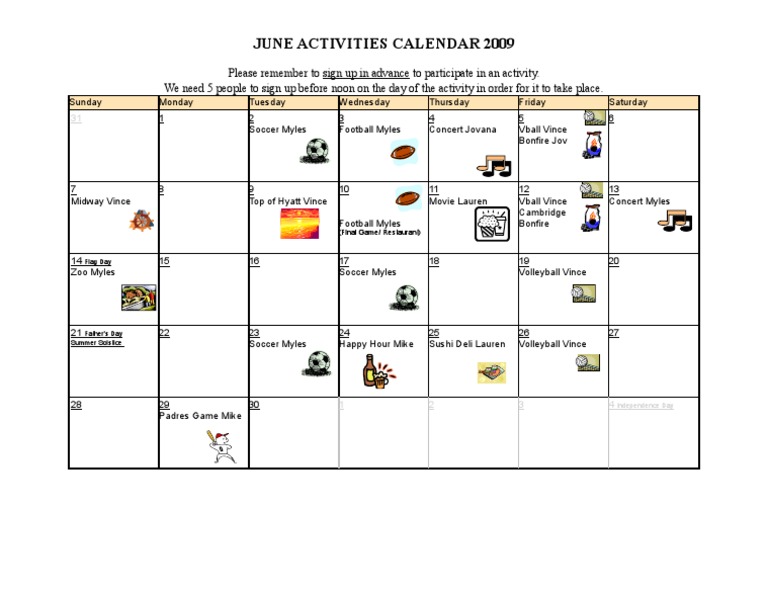 June Activities Calendar 2009 | PDF