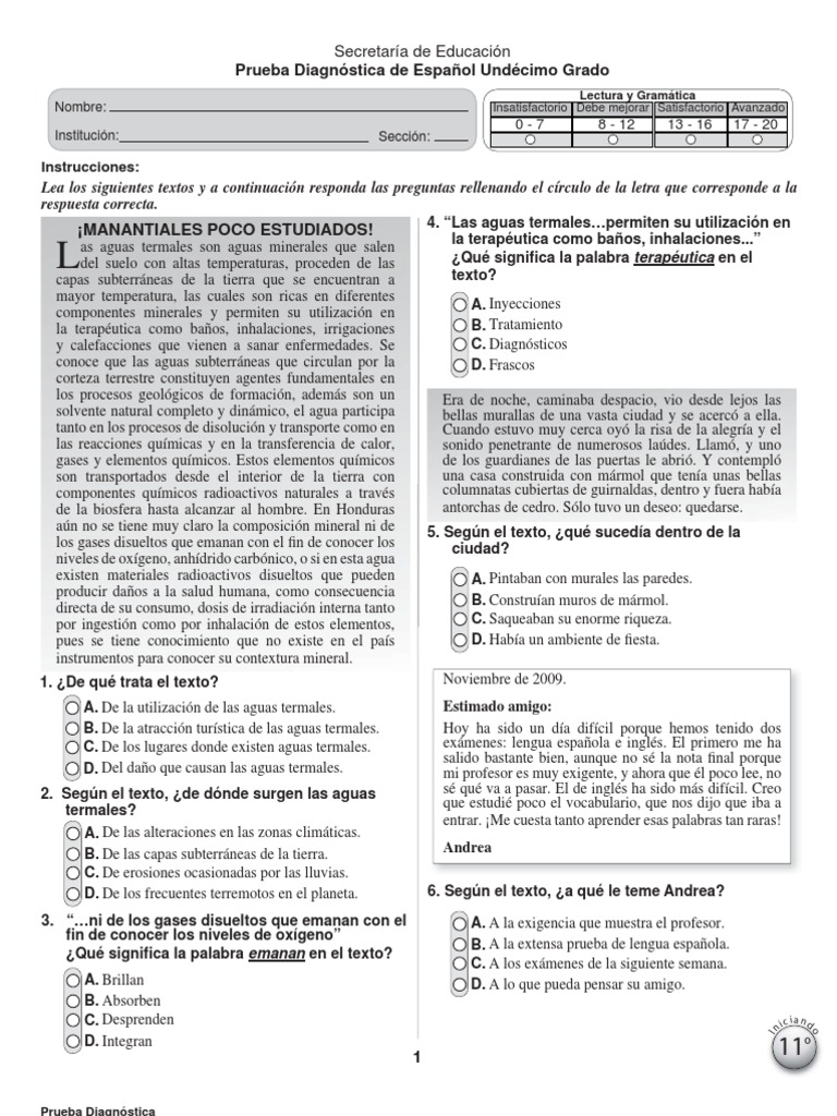 Prueba diagnóstica español 11