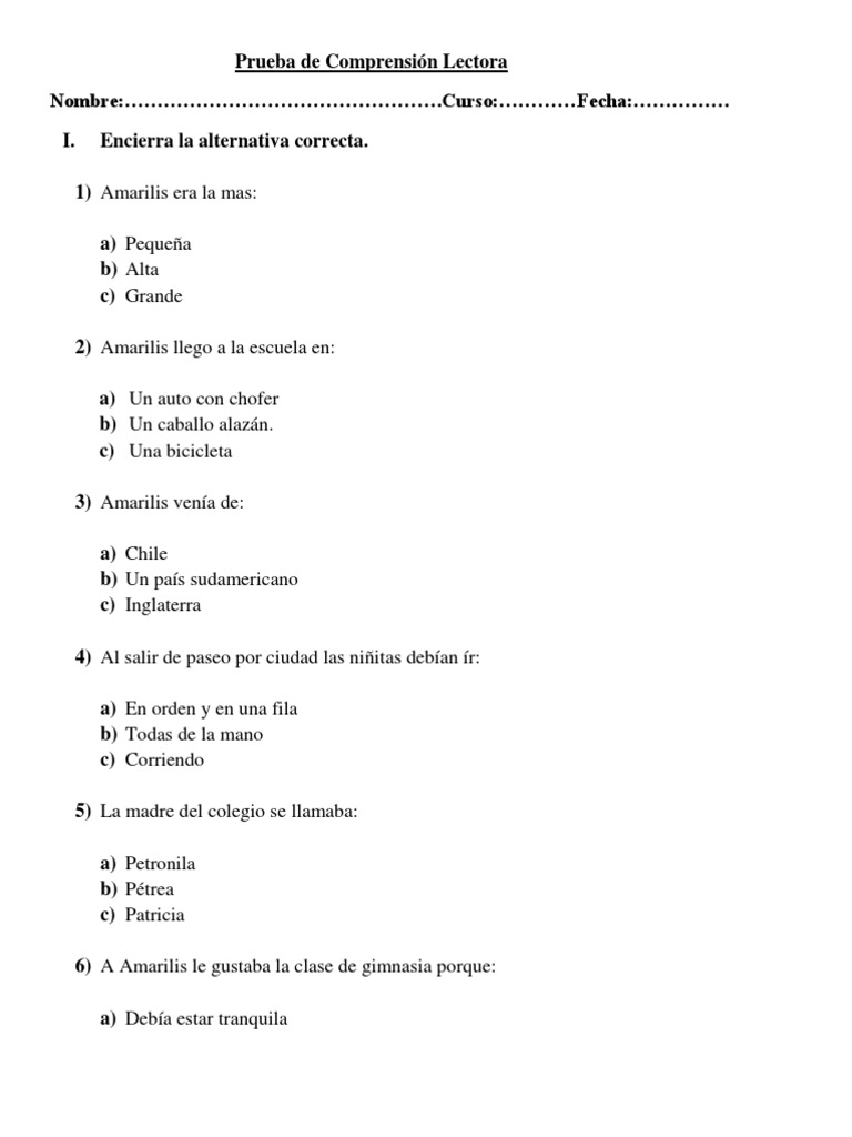 Prueba de Comprensión Lectora para Niños | PDF