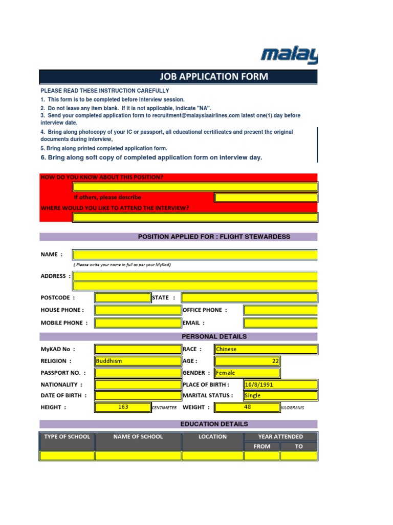 Cabin Crew Job Application Form | Download Free PDF | Flight Attendant ...