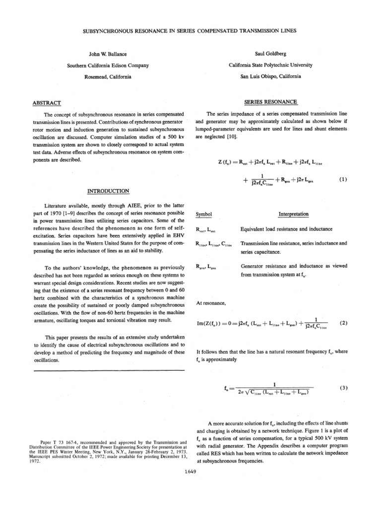 Subsynchronous Resonance in Series Compensated Lines | PDF | Capacitor | Electrical Impedance