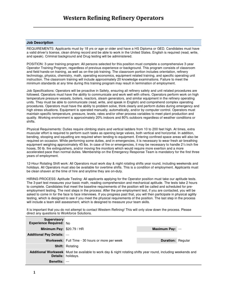Western Refining Refinery Operators: Job Description | PDF | Shift Work ...
