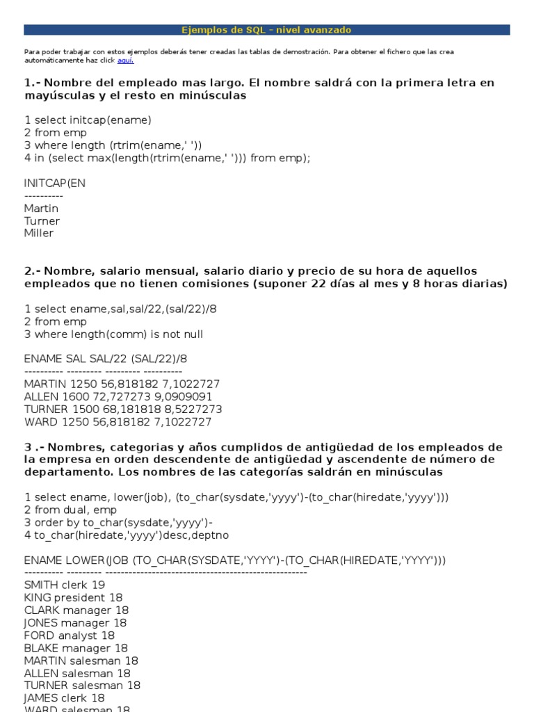Ejemplos de SQL - Nivel Avanzado | PDF | Bases de datos | Software de ...