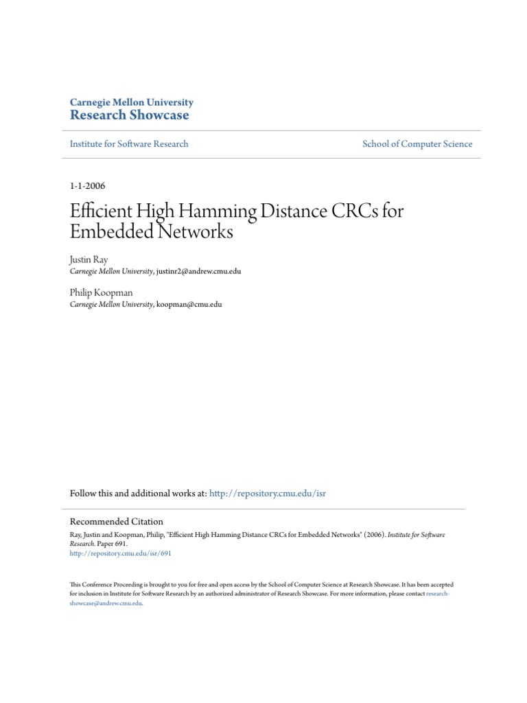 Efficient High Hamming Distance CRCs For Embedded Networks | Download Free PDF | Error Detection ...