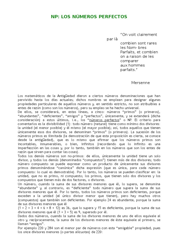 Números Perfectos | PDF | División (Matemáticas) | Número primo