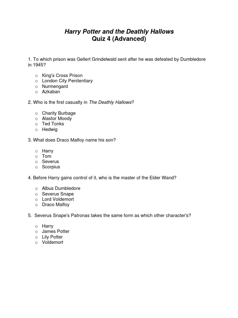 Harry Potter and The Deathly Hallows: Quiz 4 (Advanced) | PDF
