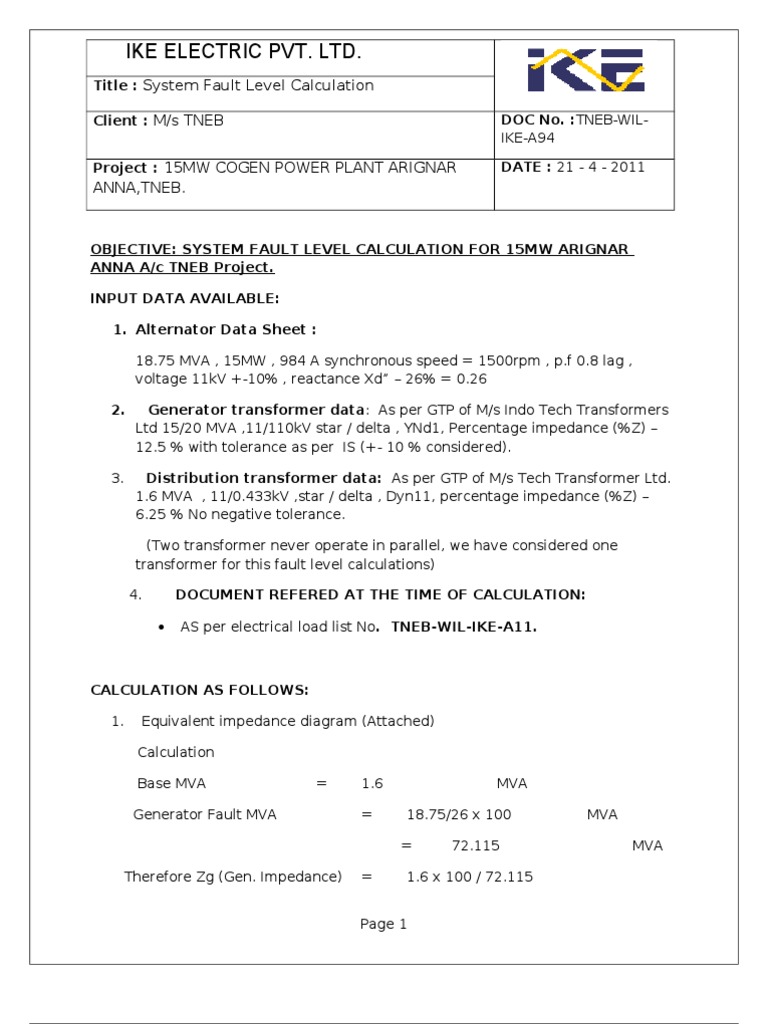 Fault Level Calculation for TNEB Project | PDF | Transformer ...