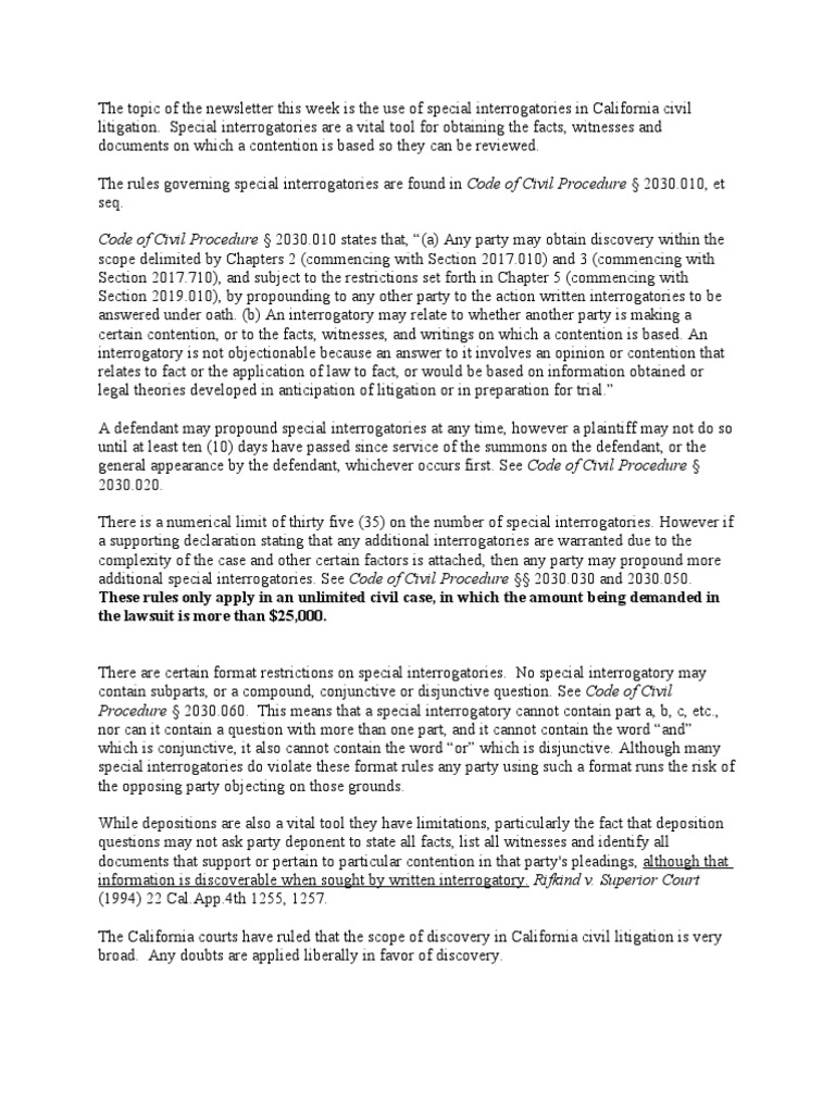 California Special Interrogatories Guide | PDF | Interrogatories ...
