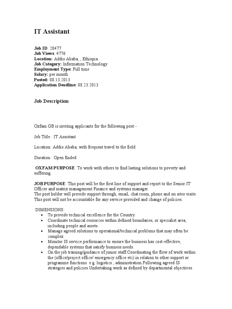 IT Assistant: Job Description | PDF | System | Software