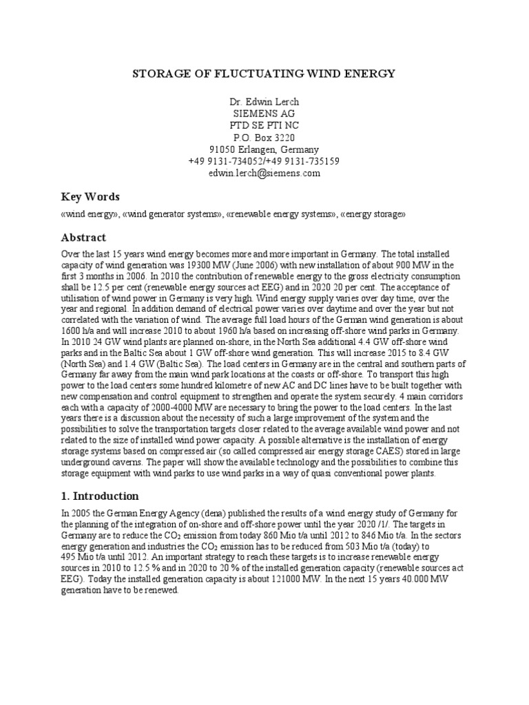 Storage of Fluctuating Wind Energy | PDF | Wind Power | Wind Farm