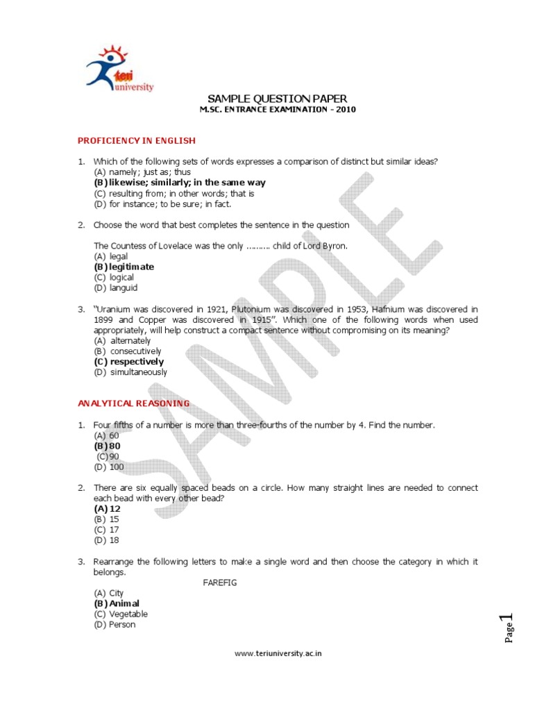 TERI - Sample Question Paper | PDF | Teaching Methods & Materials