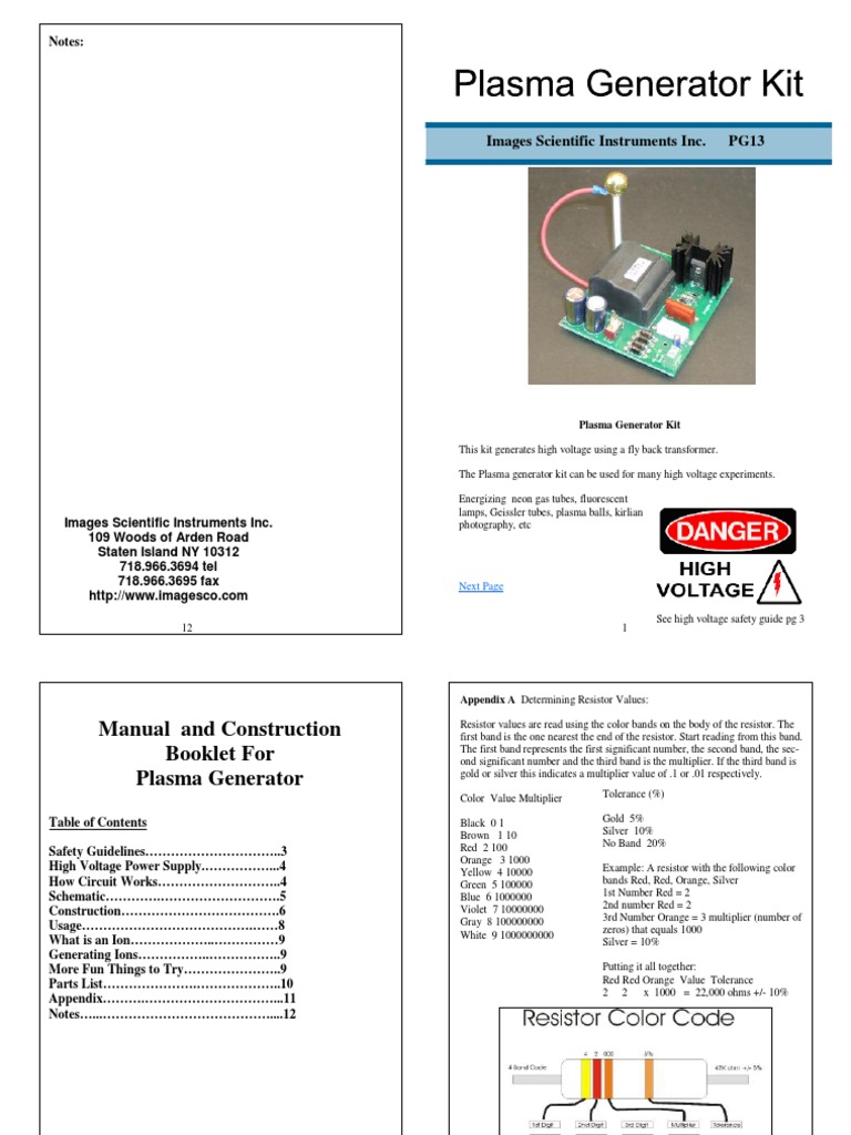 Plasma Generator Kit Guide | PDF | High Voltage | Power Supply