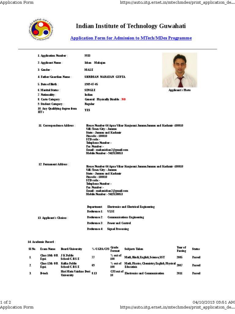 Indian Institute of Technology Guwahati: Application Form For Admission ...