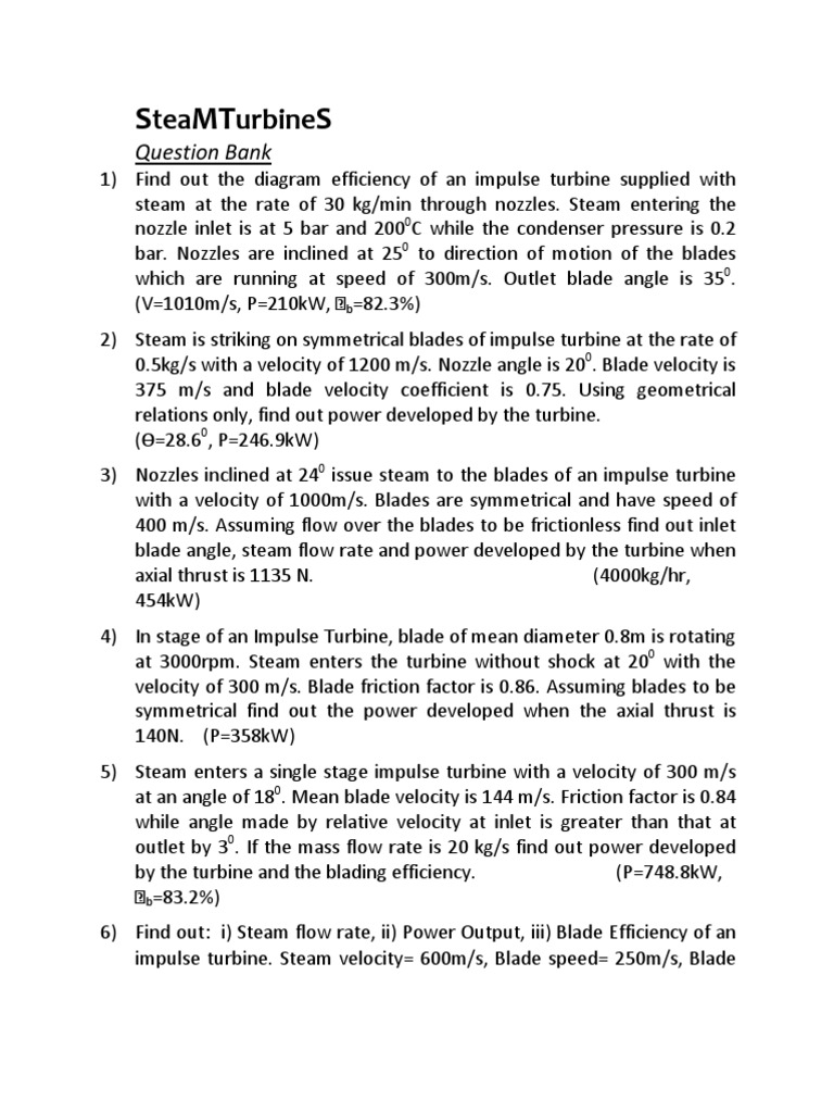 Steam Turbine Problems | PDF | Turbine | Gases