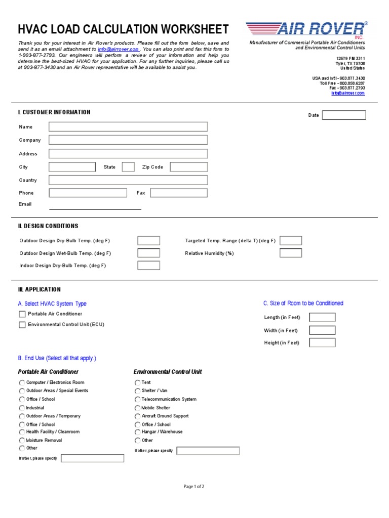 AR HVAC Load Calculation Worksheet | Download Free PDF | Hvac | Air ...