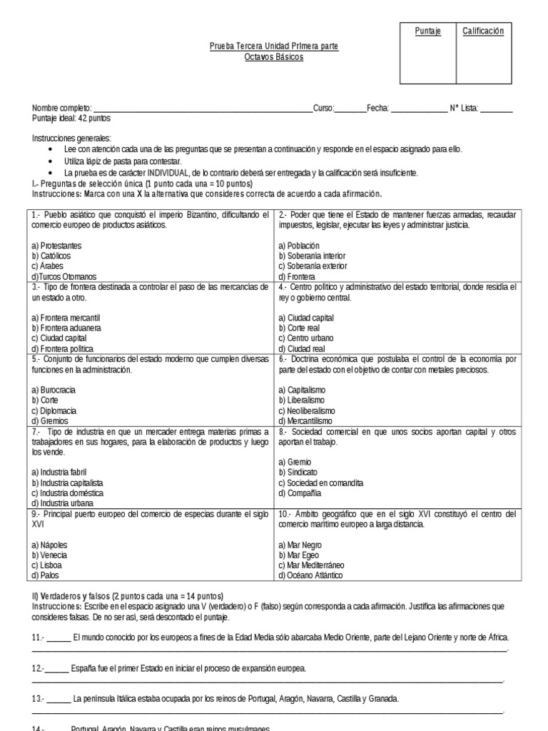 Prueba de Historia para Octavos Básicos | PDF | Estado (política ...