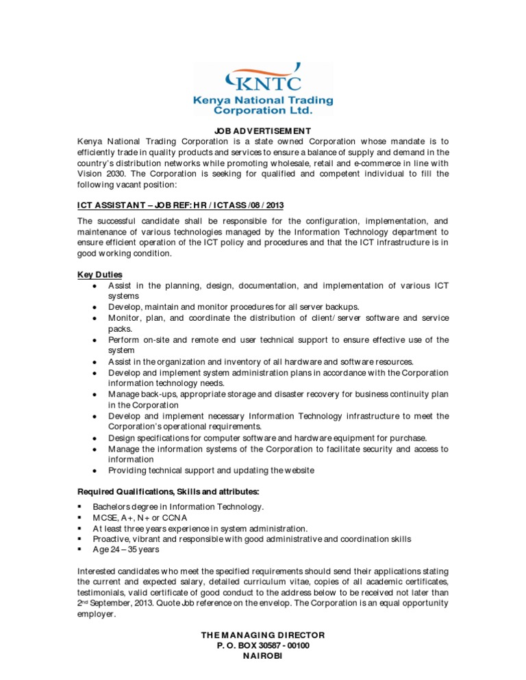 Job Advertisement-Ict Assistant | PDF | Corporations | System Administrator