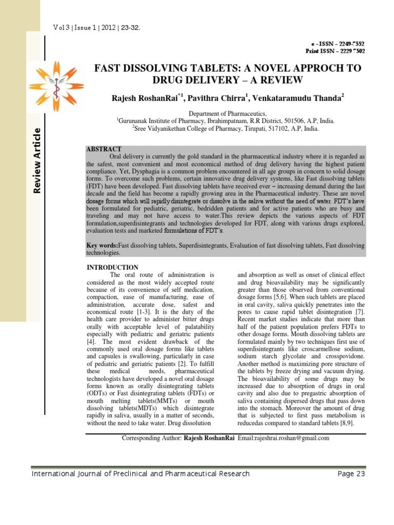Fast Dissolving Tablets: A Novel Approch To Drug Delivery - A Review ...