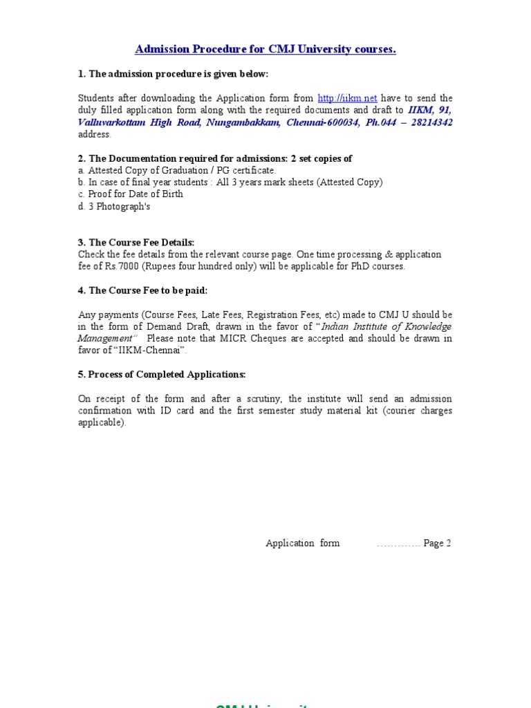 Admission Form CMJ University | PDF | Cheque | Academia