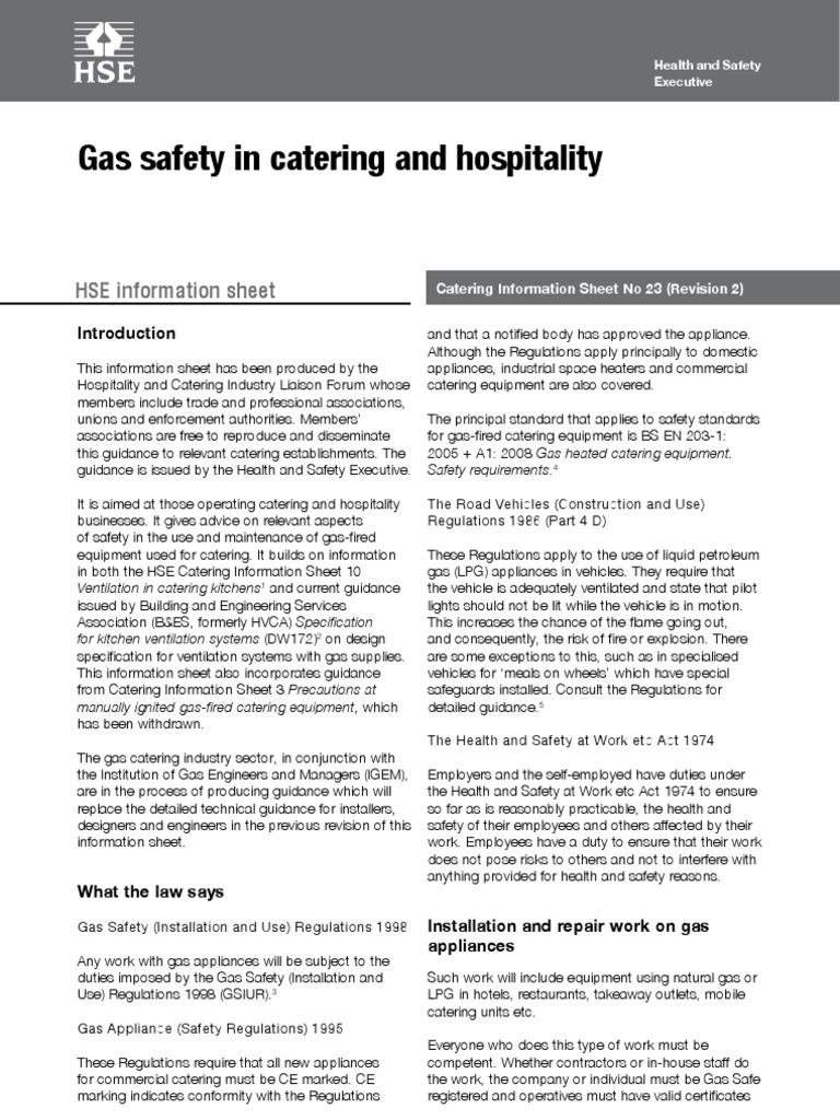 Gas Safety in Catering and Hospitality: HSE Information Sheet | PDF ...