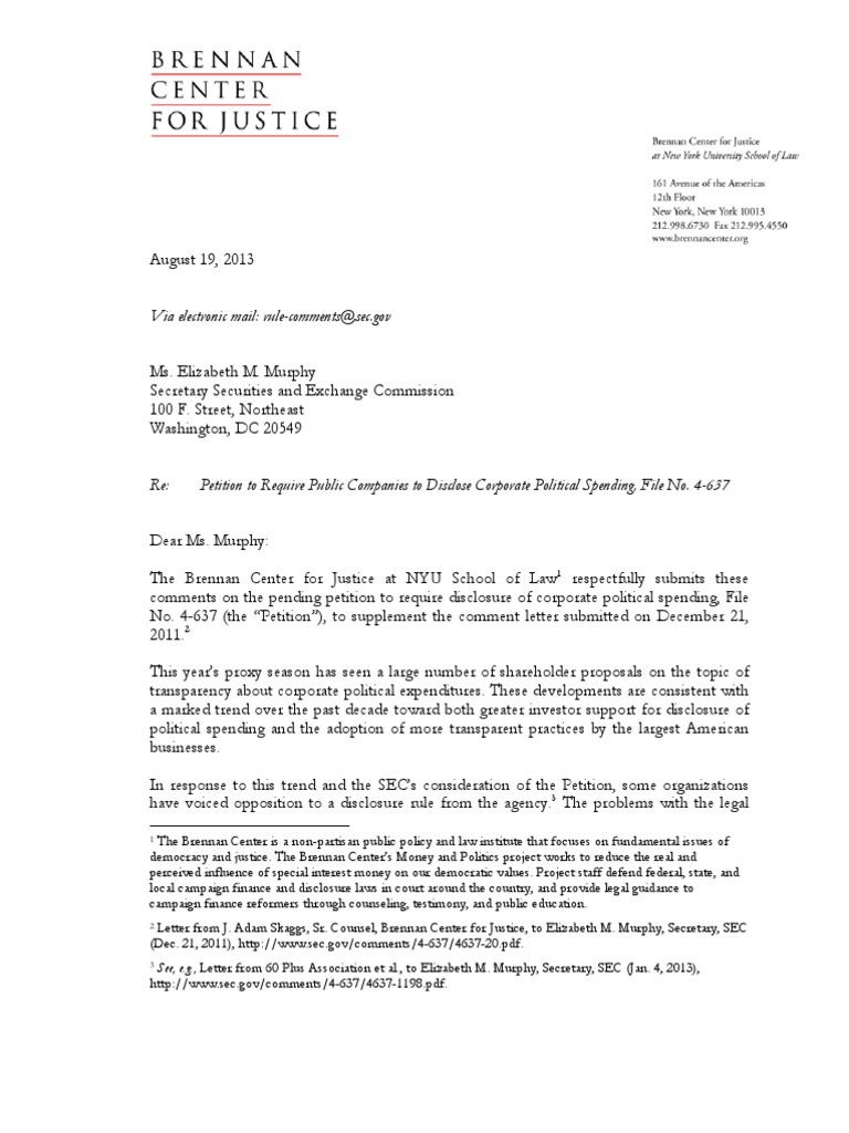 Letter To SEC On Corporate Political Spending Disclosure Requirement ...