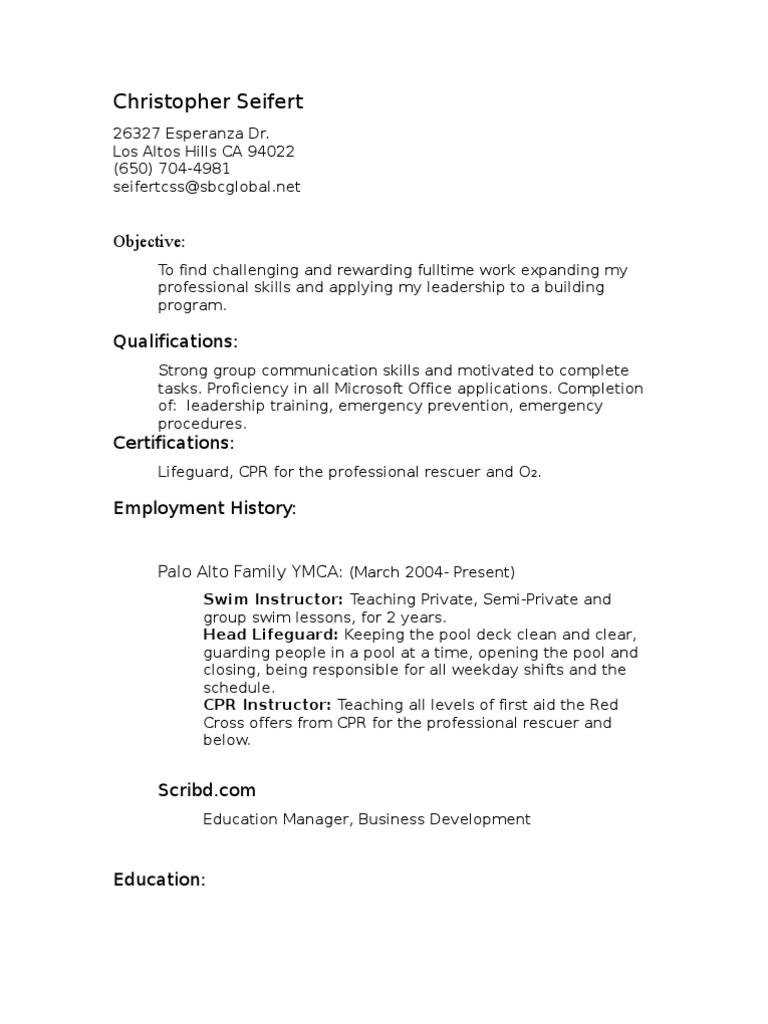 Lifeguard Resume of Christopher Seifert | PDF | Career & Growth