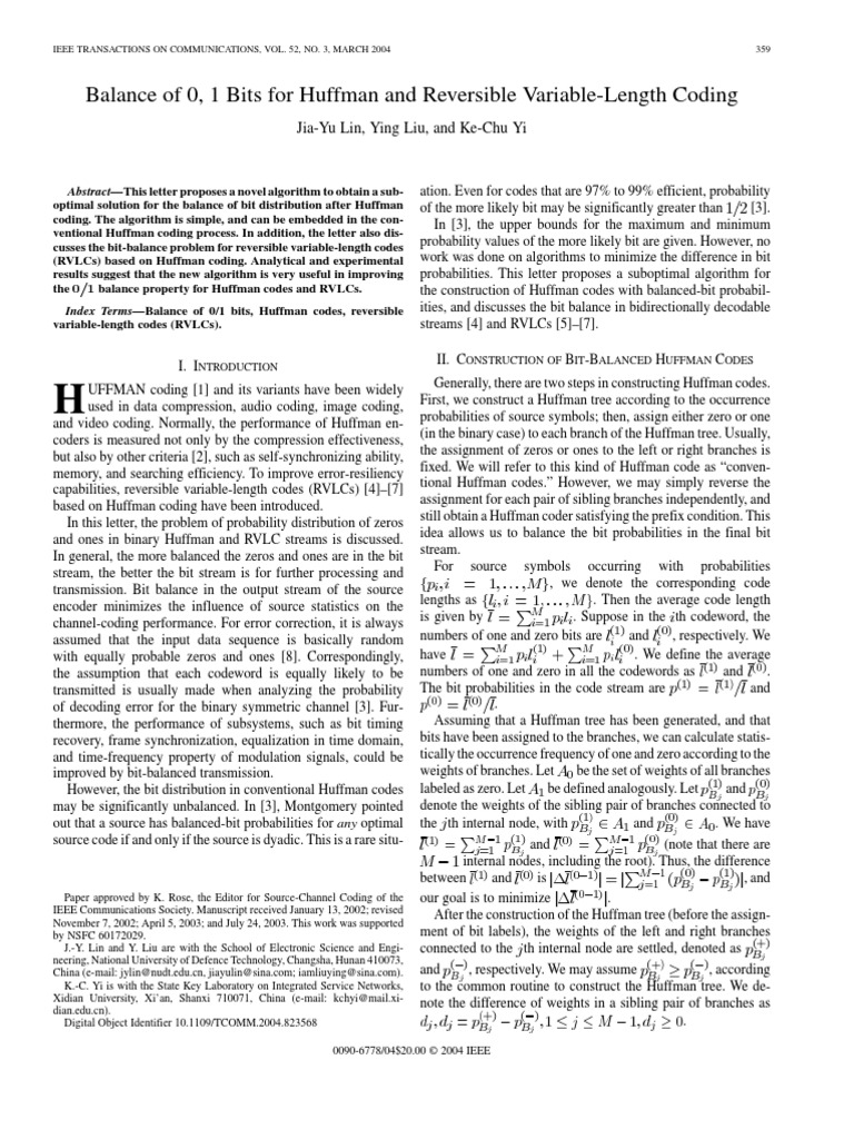 Balance of 0, 1 Bits For Huffman and Reversible Variable-Length Coding ...