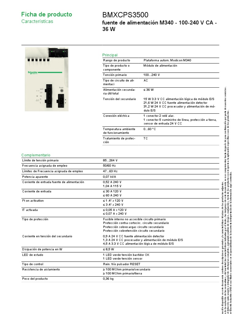 Plataforma Autom. Modicon M340 BMXCPS3500 | PDF | Corriente eléctrica ...