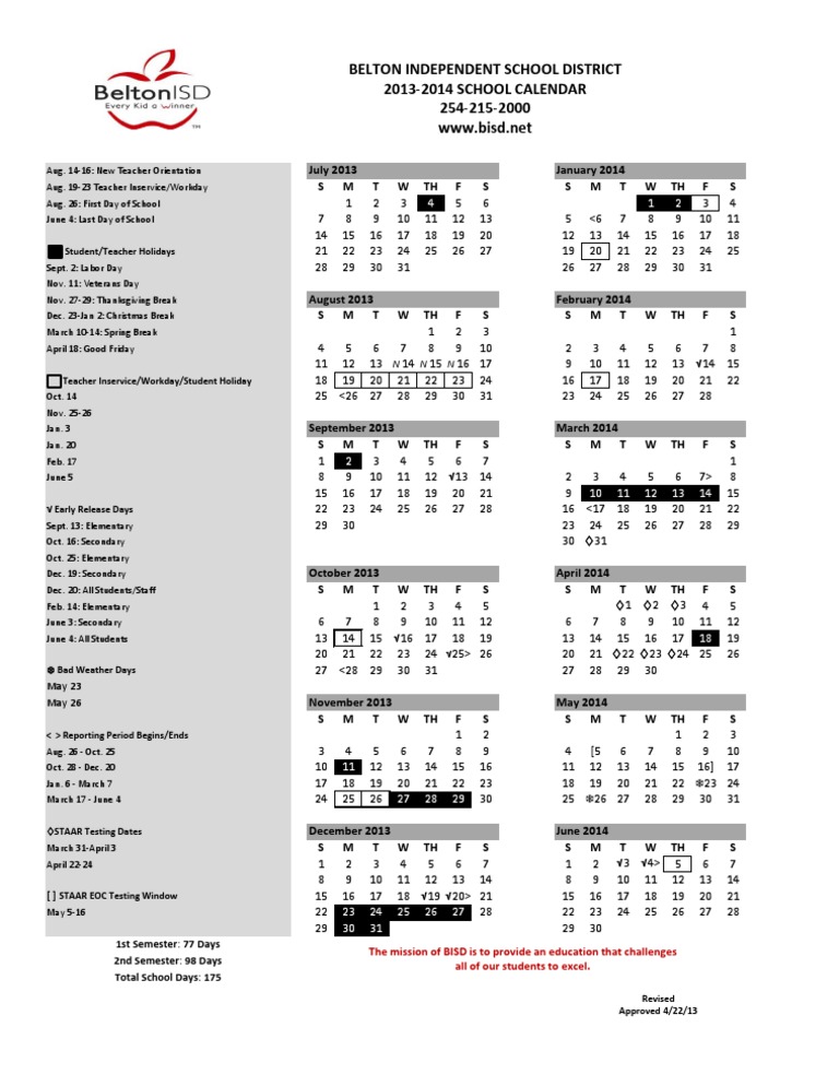 Belton Independent School District Calendar 2013-2014 | PDF
