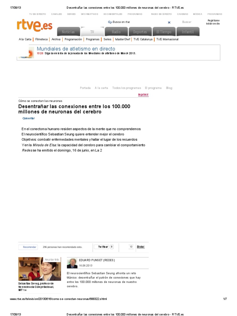 Desentrañar Las Conexiones Entre Los 100.000 Millones de Neuronas Del Cerebro - RTVE | PDF ...